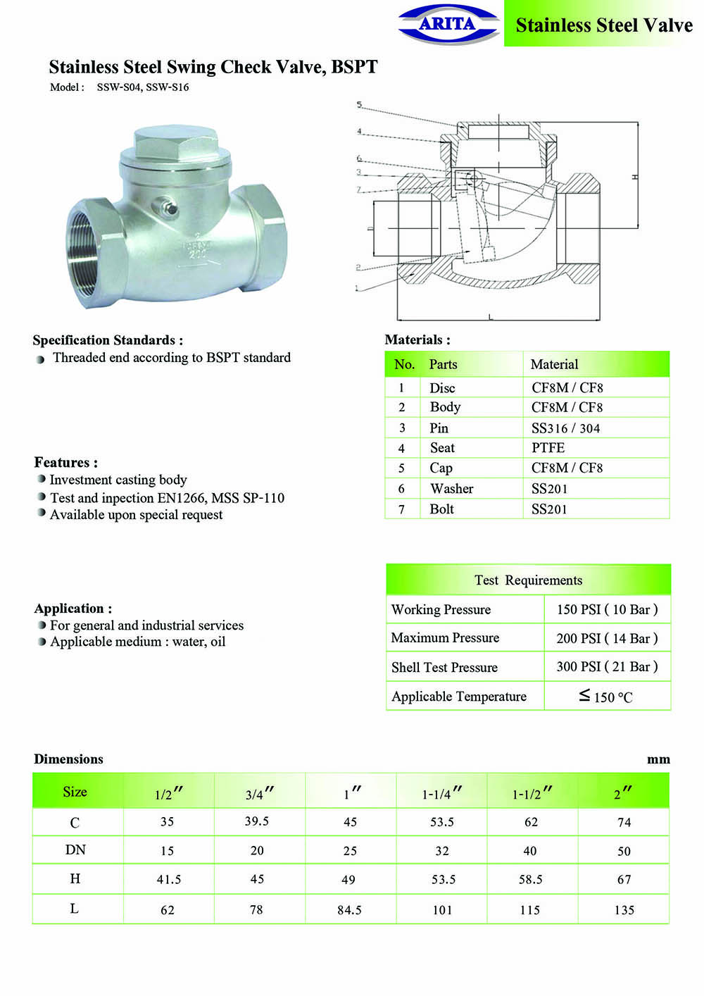 Arita Stainless Steel Swing Check Valve Bspt